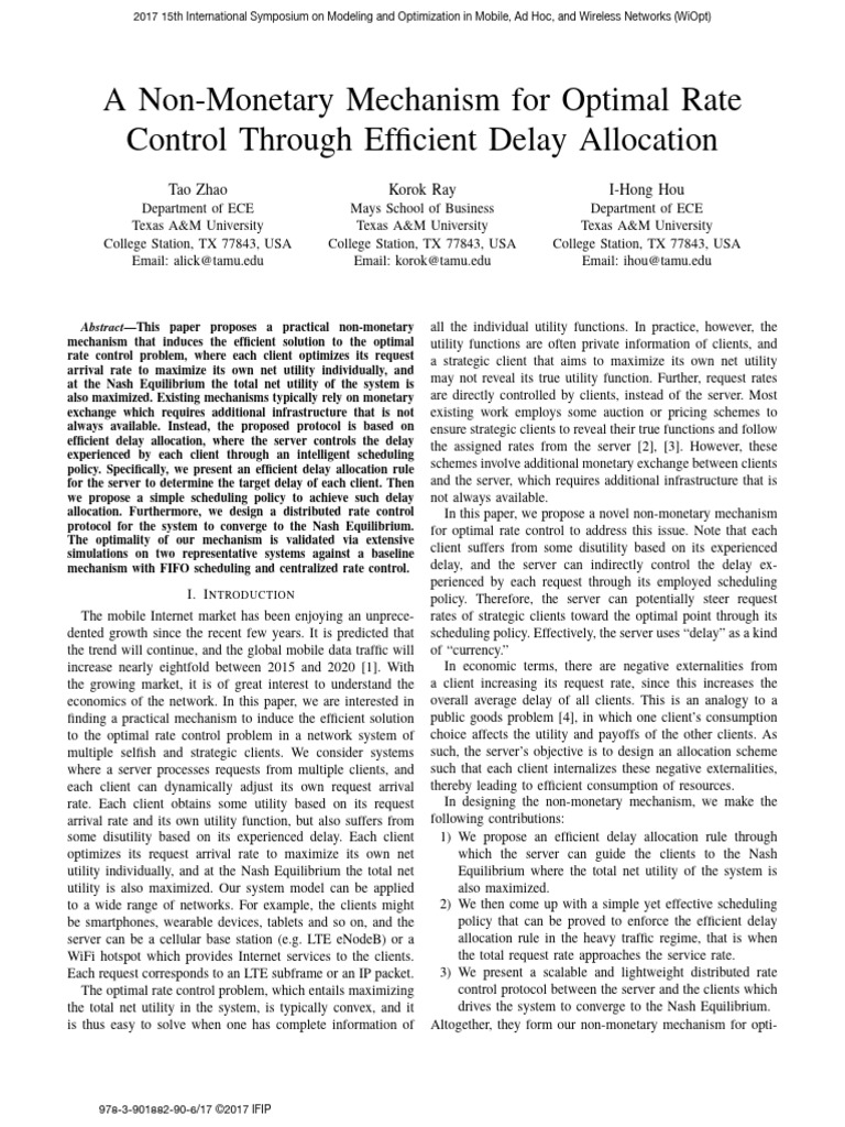 A Non-Monetary Mechanism For Optimal Rate Control Through Efficient Cost Allocation | PDF ...