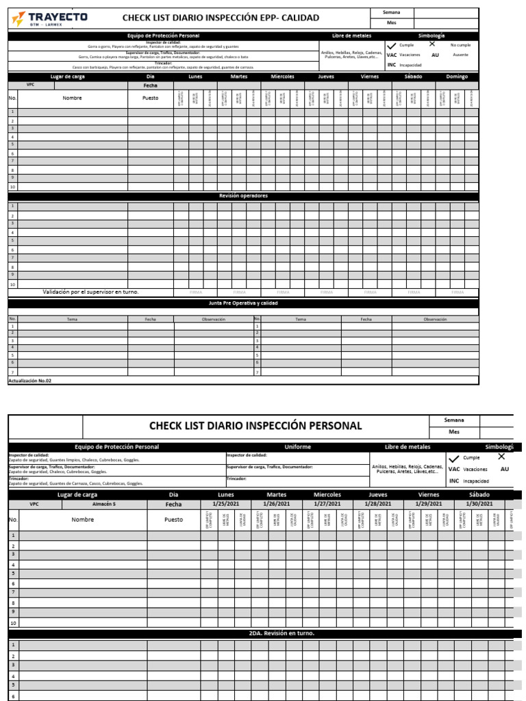 Copia de K150-Doc-001 Check List Diario Inspección Epp - Calidad | PDF