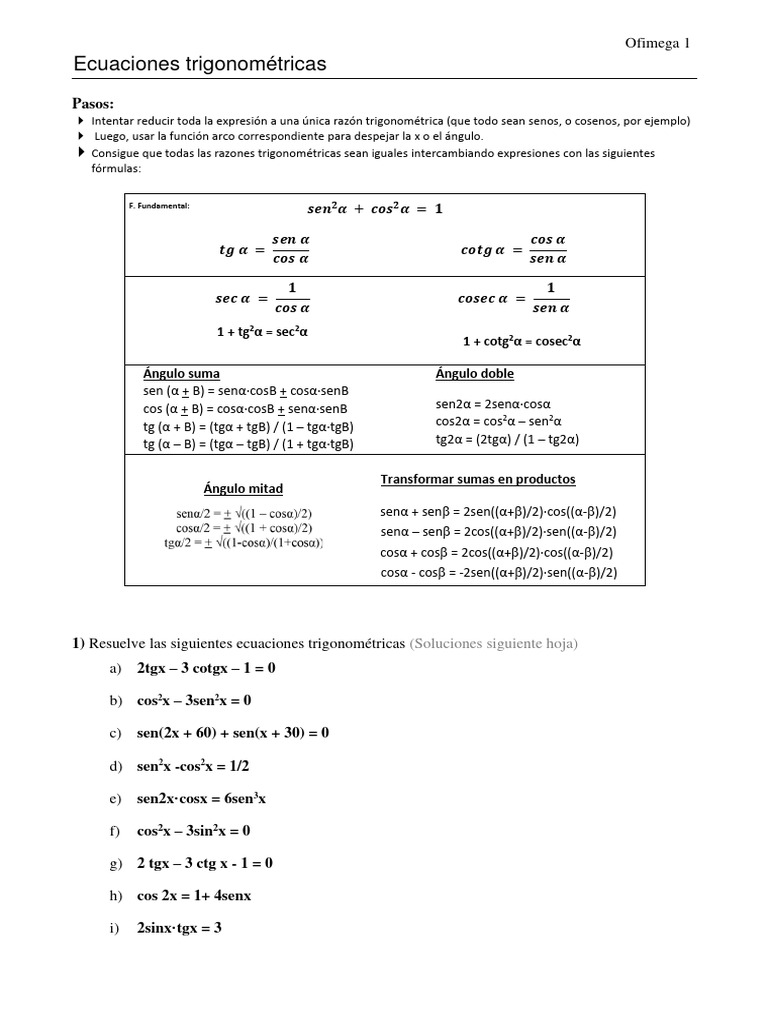 Trigonom_ecuaciones1BAT | PDF | Funciones trigonométricas | Geometría triangular