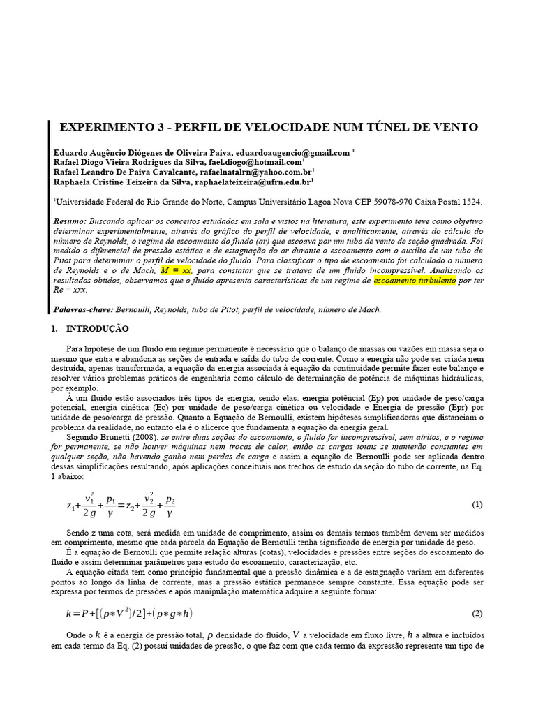 Relatório - Experimento 3 - Perfil de Velocidade - Túnel de Vento | PDF ...