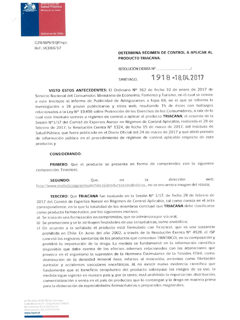 Resolución Exenta N°1918 18.04.2017 Determina Régimen de Control A ...