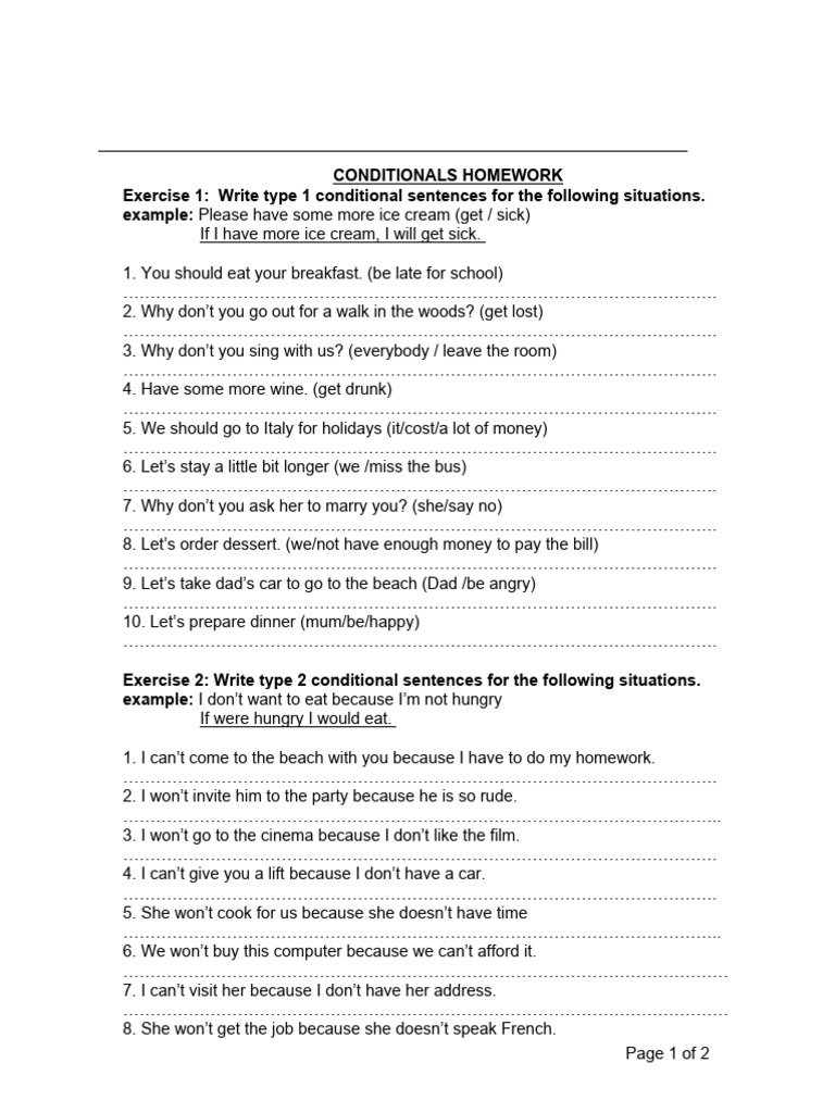 Conditional Sentences Homework Exercises | PDF | Cooking, Food & Wine