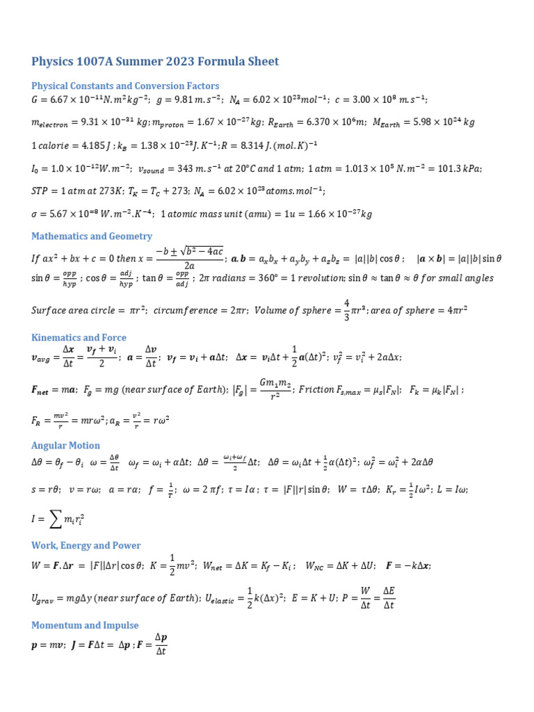 Phys 1007 S2023 Formula Sheet | PDF | Physics | Mechanics