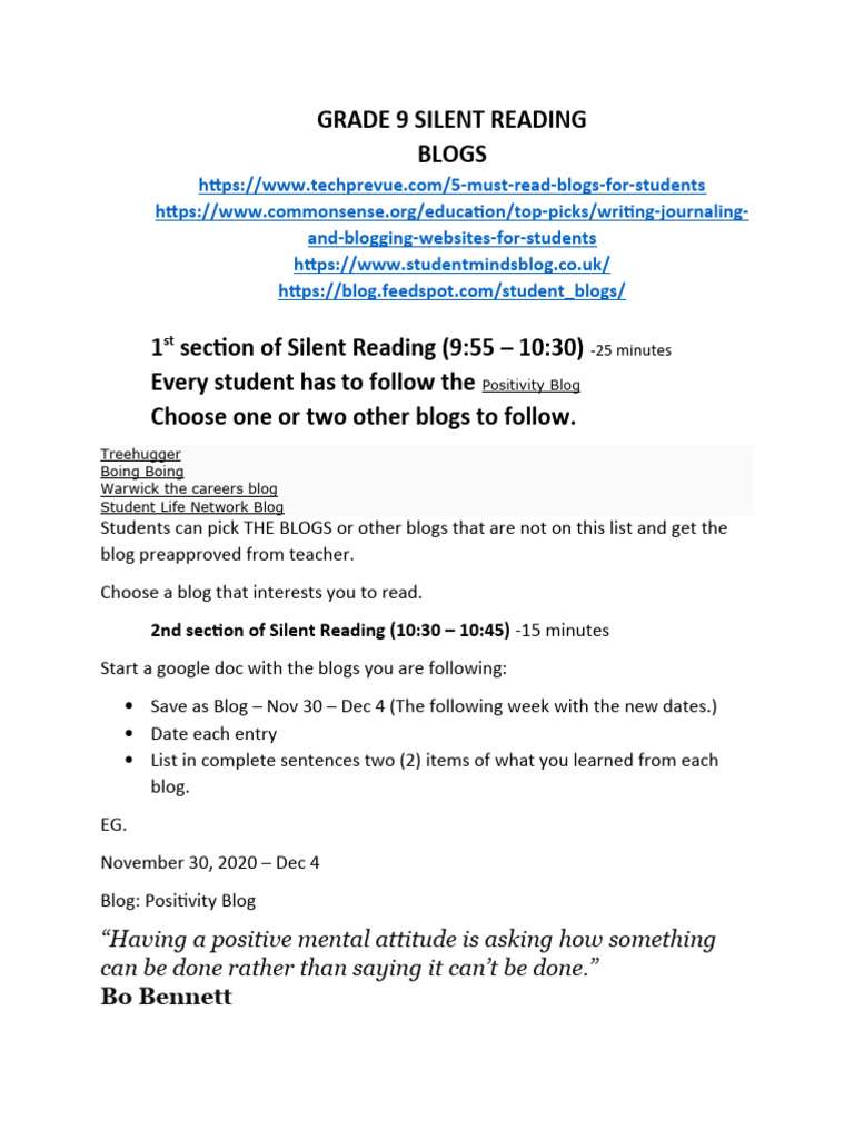 Grade 9 Silent Reading Blogs: And-Blogging-Websites-For-Students | PDF