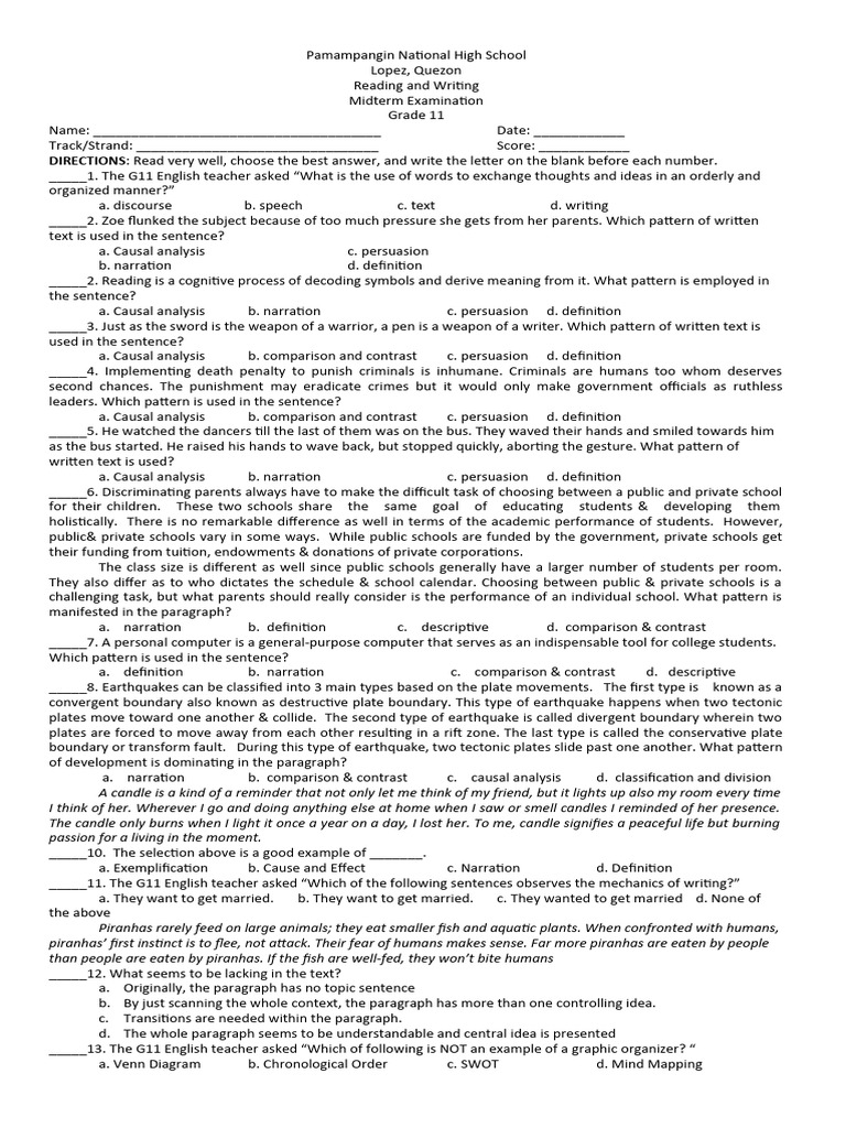 Grade 11 Reading and Writing Exam | PDF | Plate Tectonics | Earthquakes