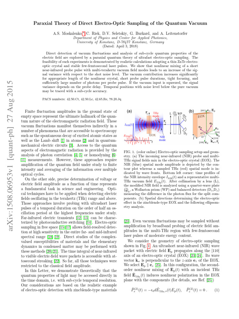 Paraxial Theory of Direct Electro-Optic Sampling of The Quantum Vacuum | PDF | Nonlinear Optics ...