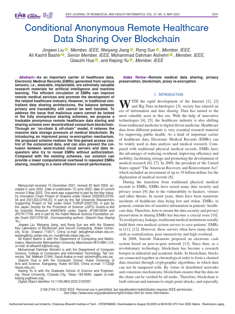 Conditional Anonymous Remote Healthcare Data Sharing Over Blockchain | PDF | Electronic Health ...
