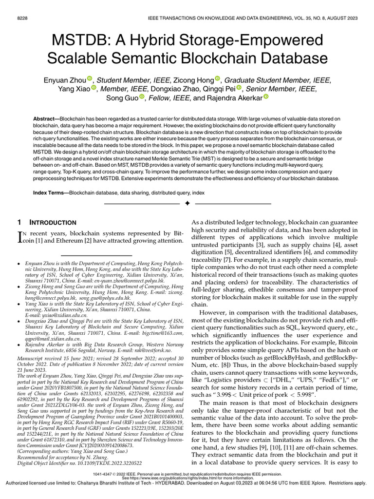 MSTDB A Hybrid Storage-Empowered Scalable Semantic Blockchain Database | PDF | Databases | Metadata