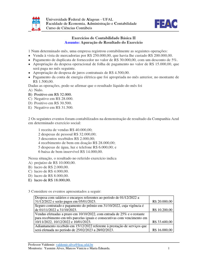 1 Exercícios Apuração Do Resultado Do Exercício | Download grátis PDF ...