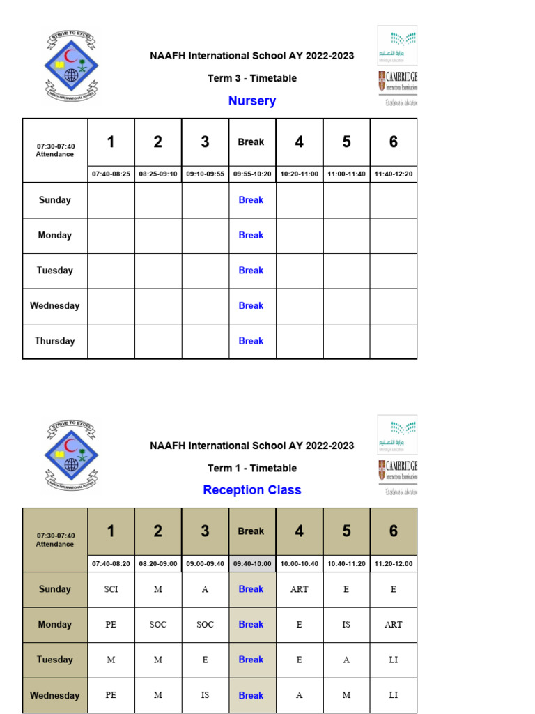 NAAFH International School Timetable 2022-23 | PDF