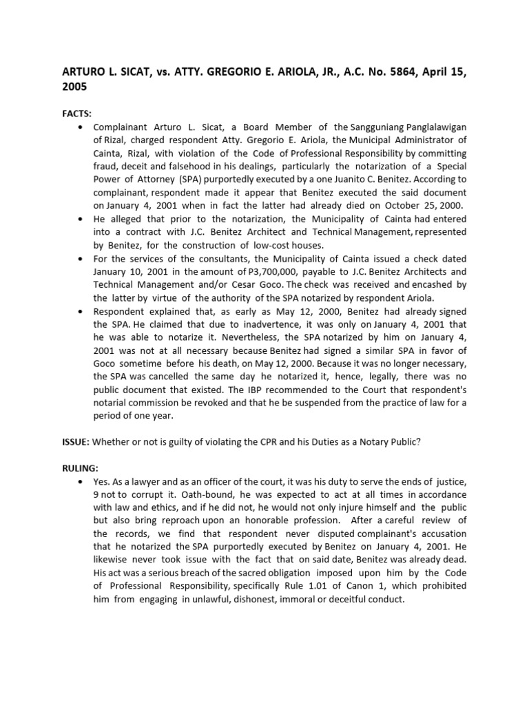 Digest - (3) Sicat Vs Ariola | PDF | Notary Public | Justice