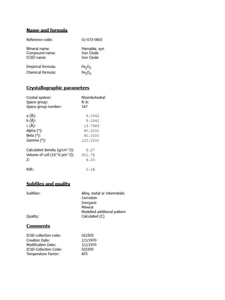 Database Hematite Alpha Fe2o3 | PDF | Chemistry | Atoms