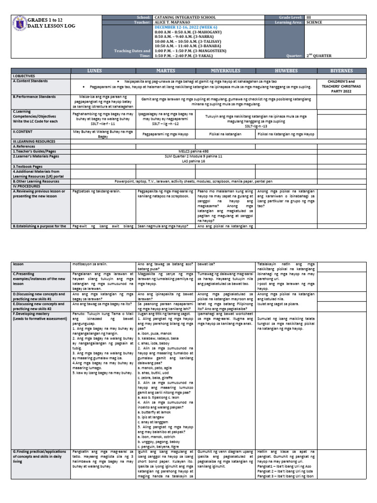 DLL - Science 3 - Q2 - W6 | PDF