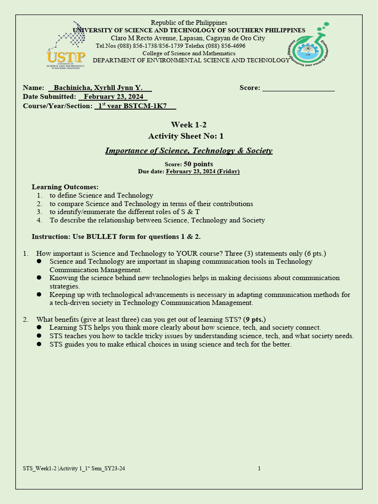 Week 1-2 - Activity 1-Importance of STS | PDF | Science | Communication