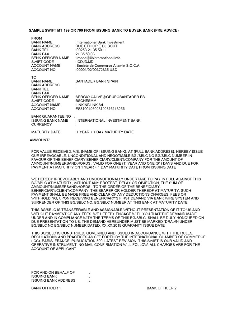 Sample Swift MT-199 or 799 From Issuing Bank To Buyer Bank ( | Download ... Sample Swift MT-199 or 799 From Issuing Bank To Buyer Bank ( | Download ...