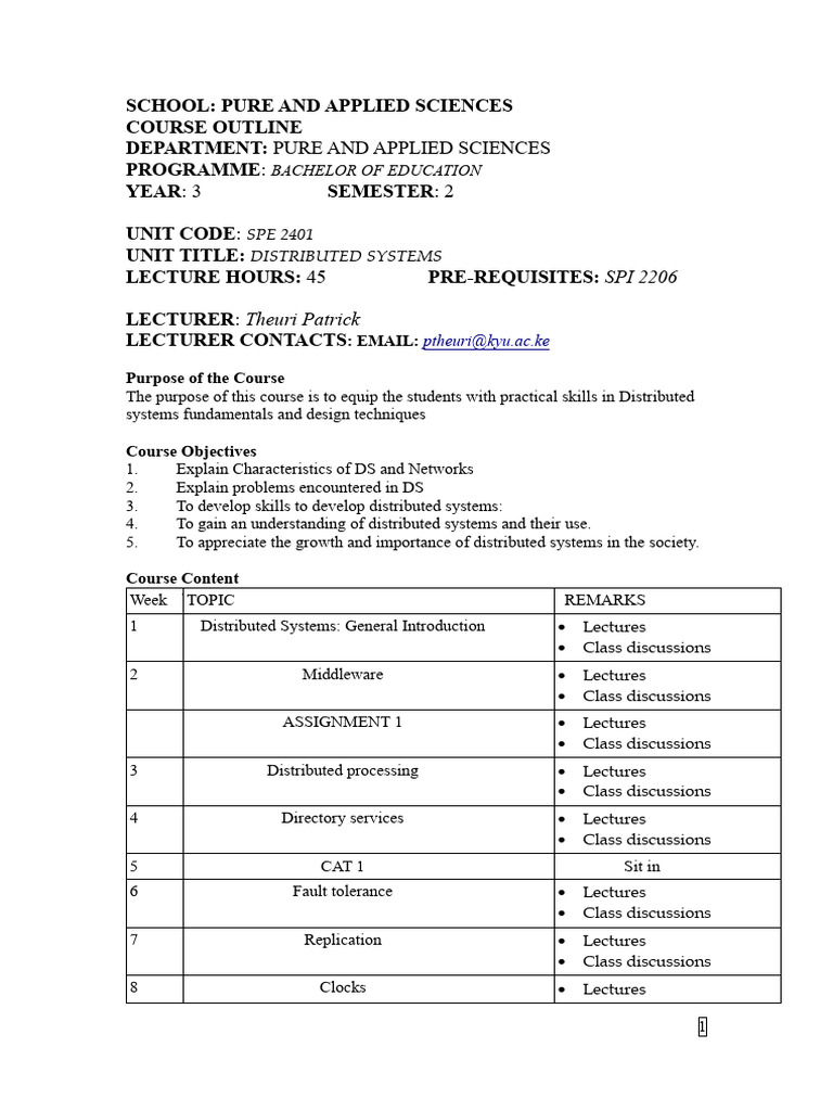 Spe 2401 Distributed Systems Course Outline Pdf Distributed Computing Computing