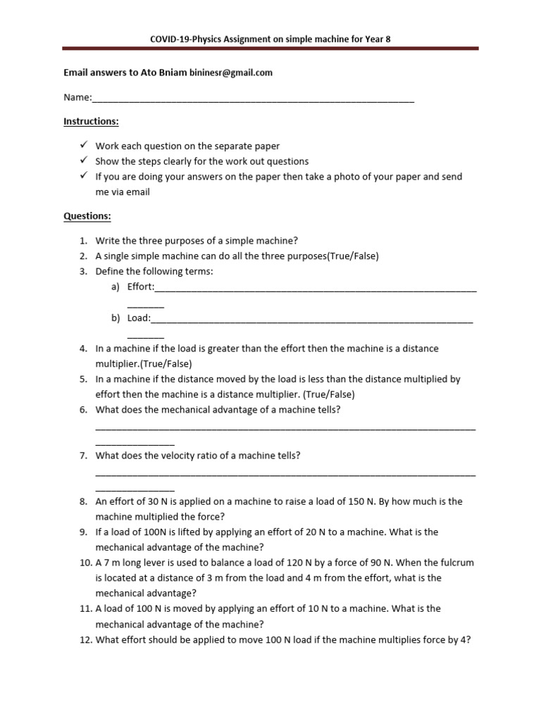 Year 8 Physics Assignment | PDF | Lever | Machines