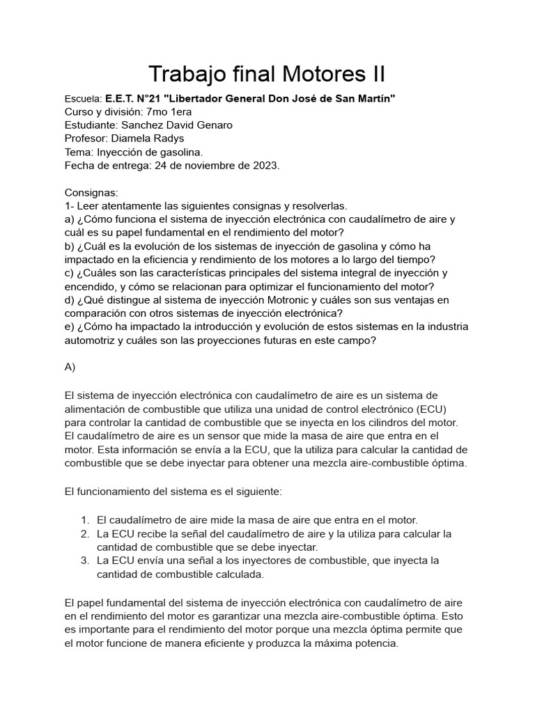 Trabajo Final Motores II | PDF | Inyección de combustible | Motores