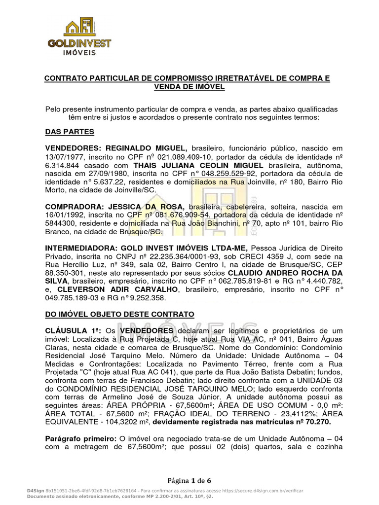 Contrato de Compra e Venda Reginaldo Miguel X Jessica Da Rosa Jadna PDF D4sign | PDF | Direito ...