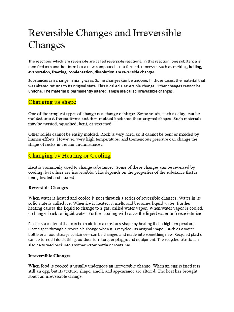 Reversible and Irreversible Changes Explained | PDF | Water | Cakes