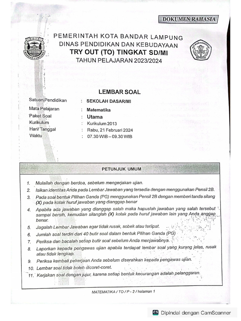 Soal TO 2 MTK Kls 6 Tahun 2023-2024 | PDF