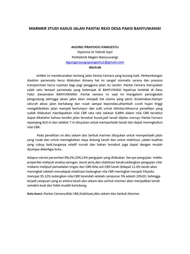Marmer Studi Kasus Jalan Pantai Rejo Desa Pakis Banyuwangi Agung Pp. | PDF