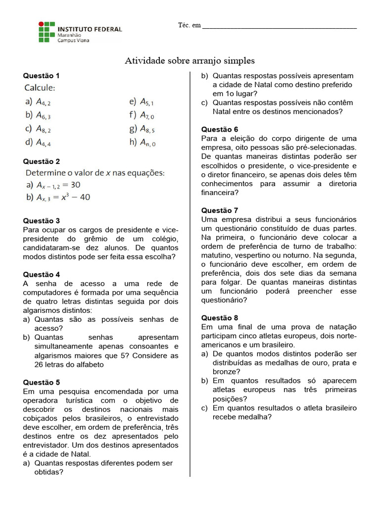 Atividade Sobre Arranjo Simples | PDF