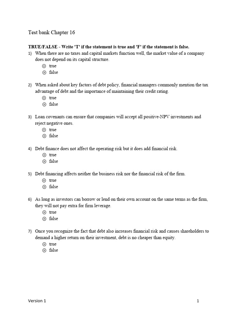 Capital Structure Test Bank Questions | PDF | Capital Structure ...