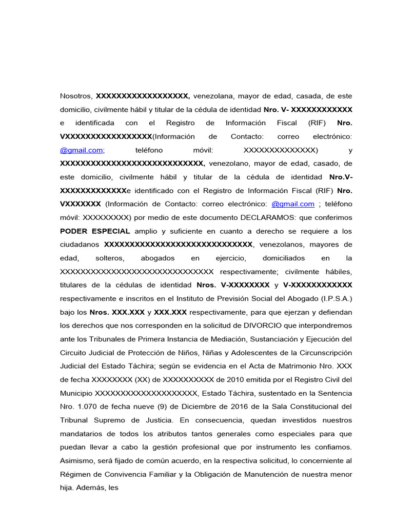poder MODELO DIVORCIO DESAFECTO | PDF | Documento de identidad | Divorcio