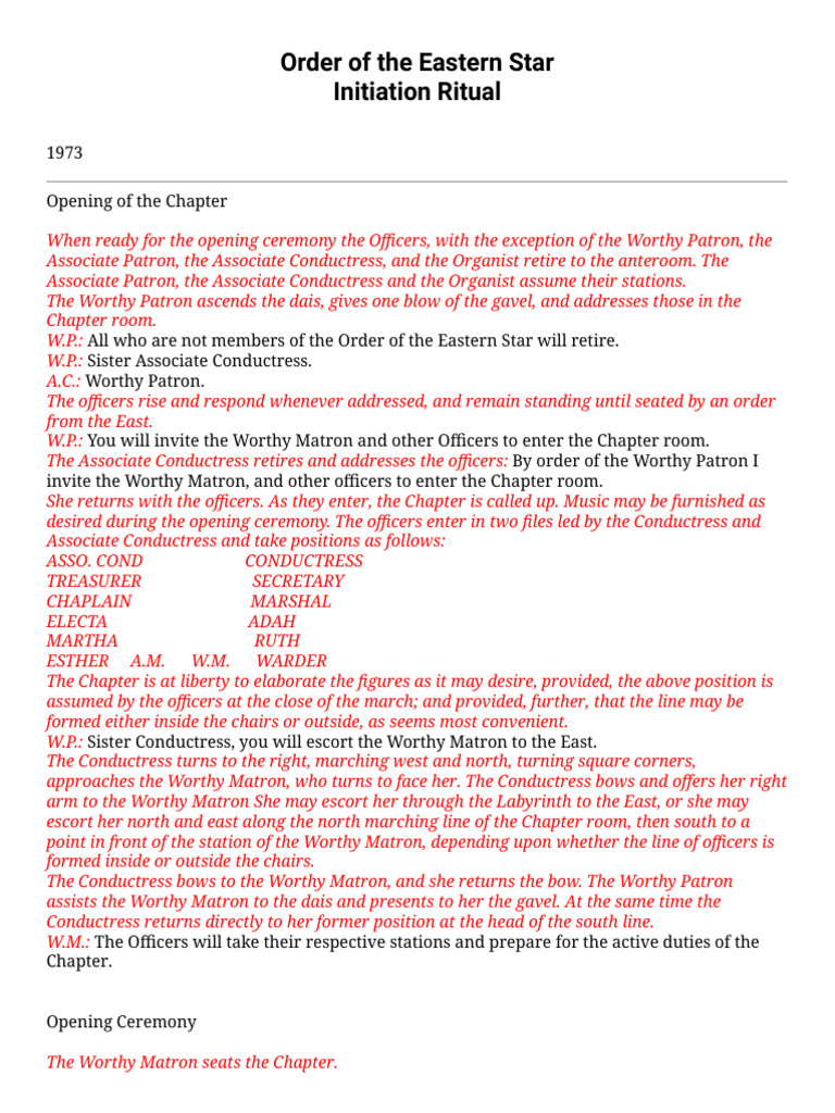 Order of the Eastern Star Initiation Ritual | PDF