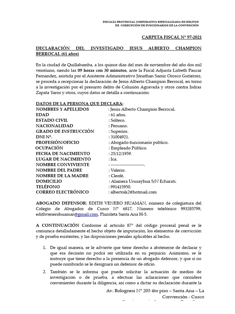 Declaracion C.F. #97-2021 Jesús Alberto Champion Berrocal | PDF ...