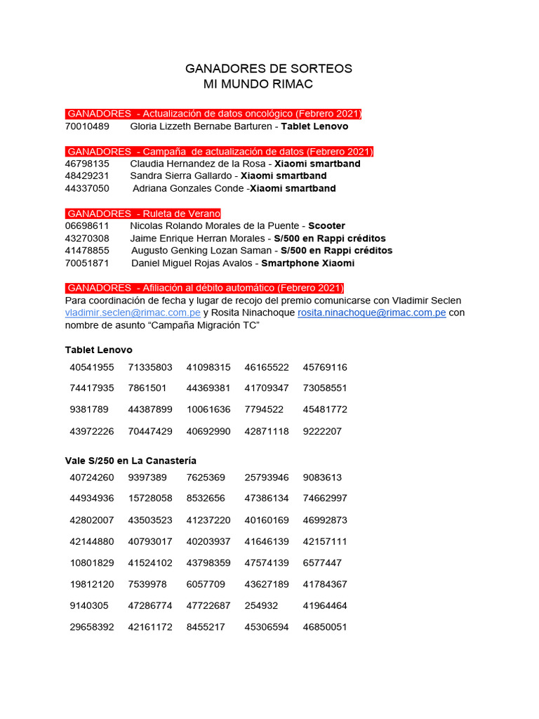 Ganadores de Sorteos 2321 | PDF