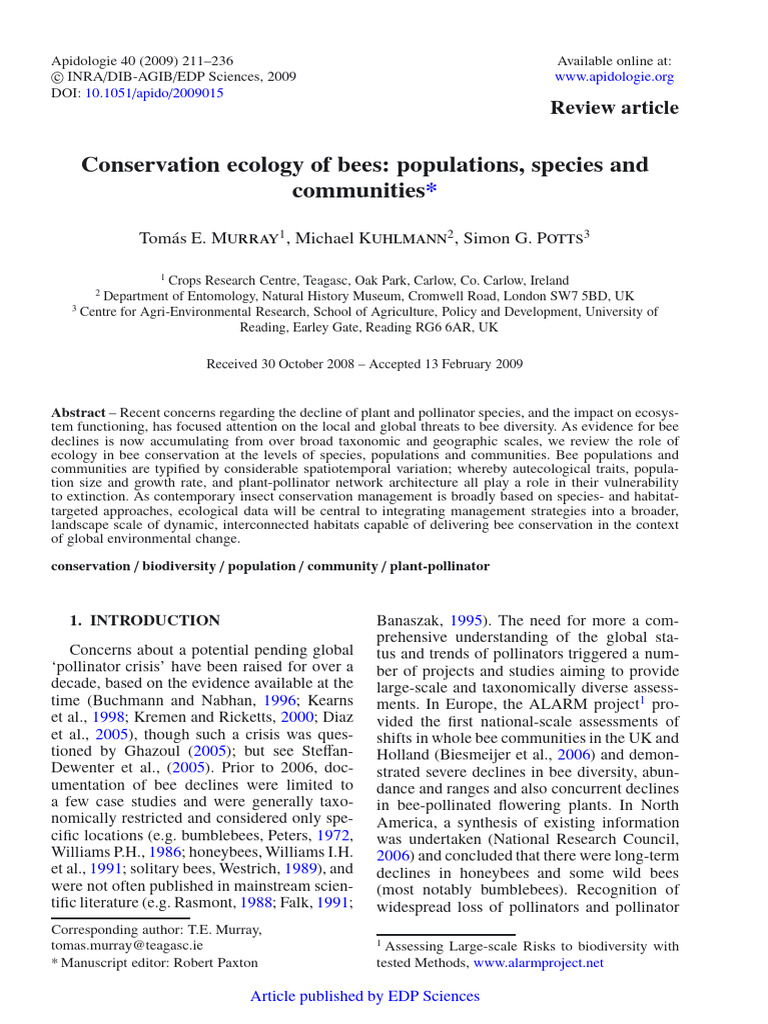 Conservation Ecology of Bees Populations, Species and Communities | PDF ...