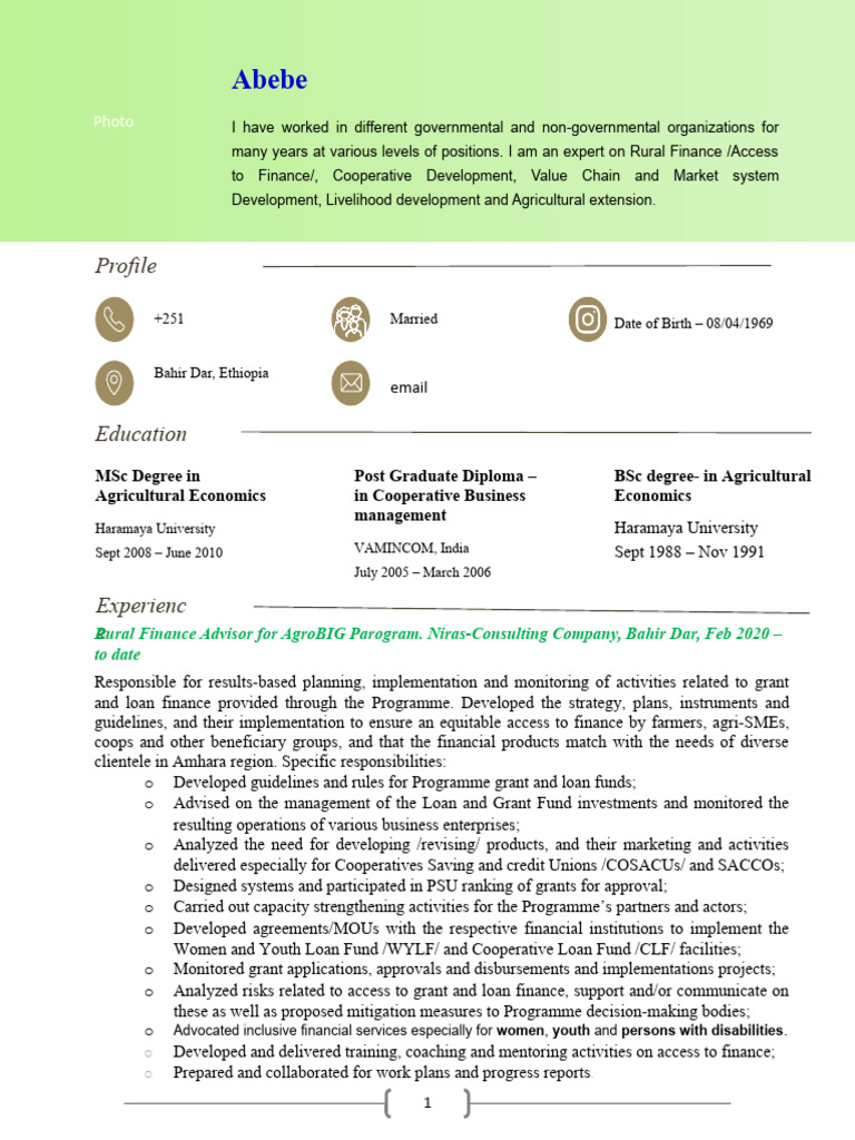 CV-Abebe - 20231018 | PDF | Cooperative | Capacity Building