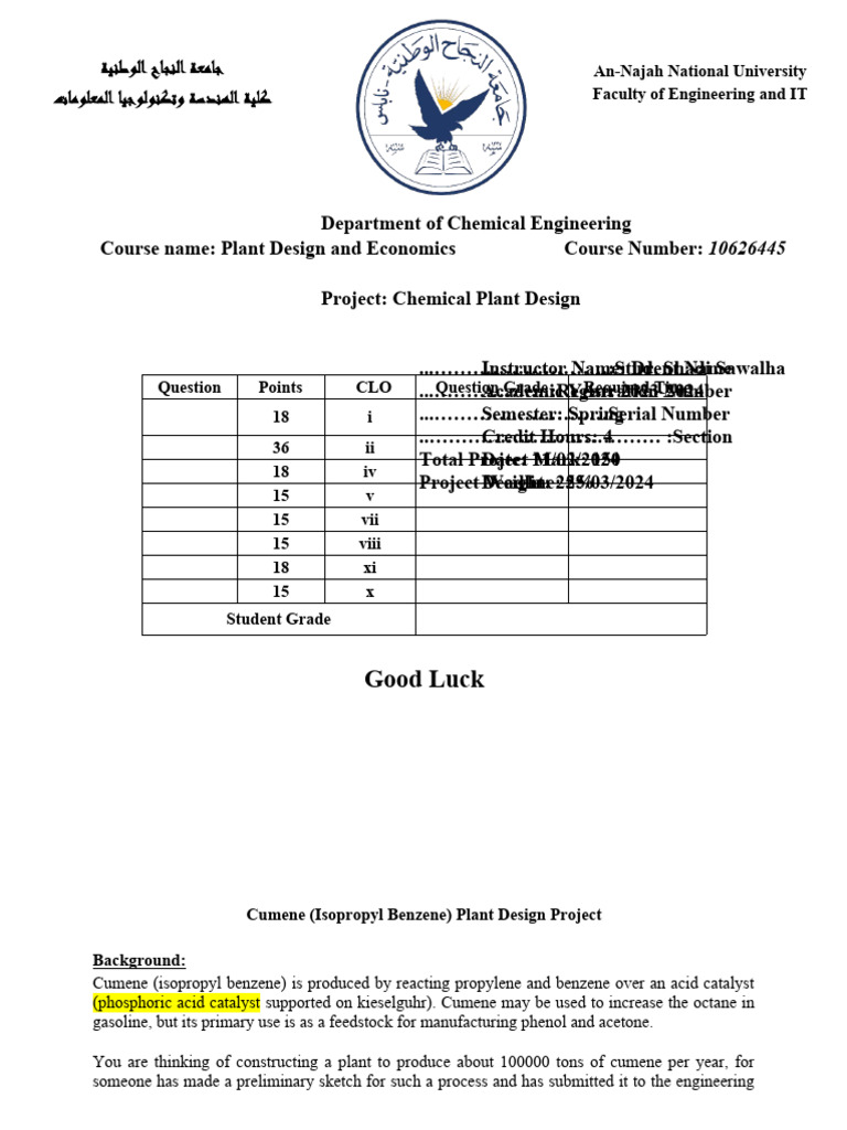 Project II - Chemical Plant Design - Cumene Spring 2023 - 2024 | PDF ...