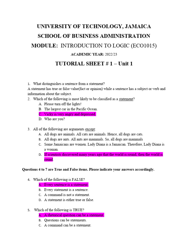 Tutorial Sheet 1 - Unit 1correct | PDF | Argument | Logic