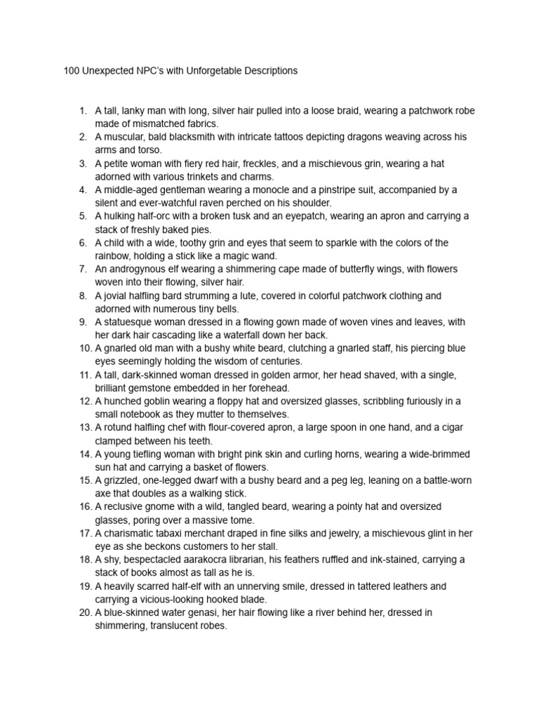 100 Unexpected NPC's With Unforgetable Descriptions | PDF | Young Adult
