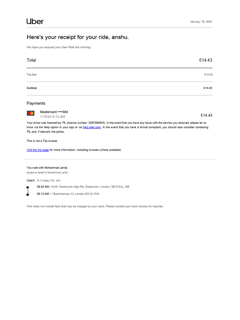 Uber Ride Receipt Summary | PDF