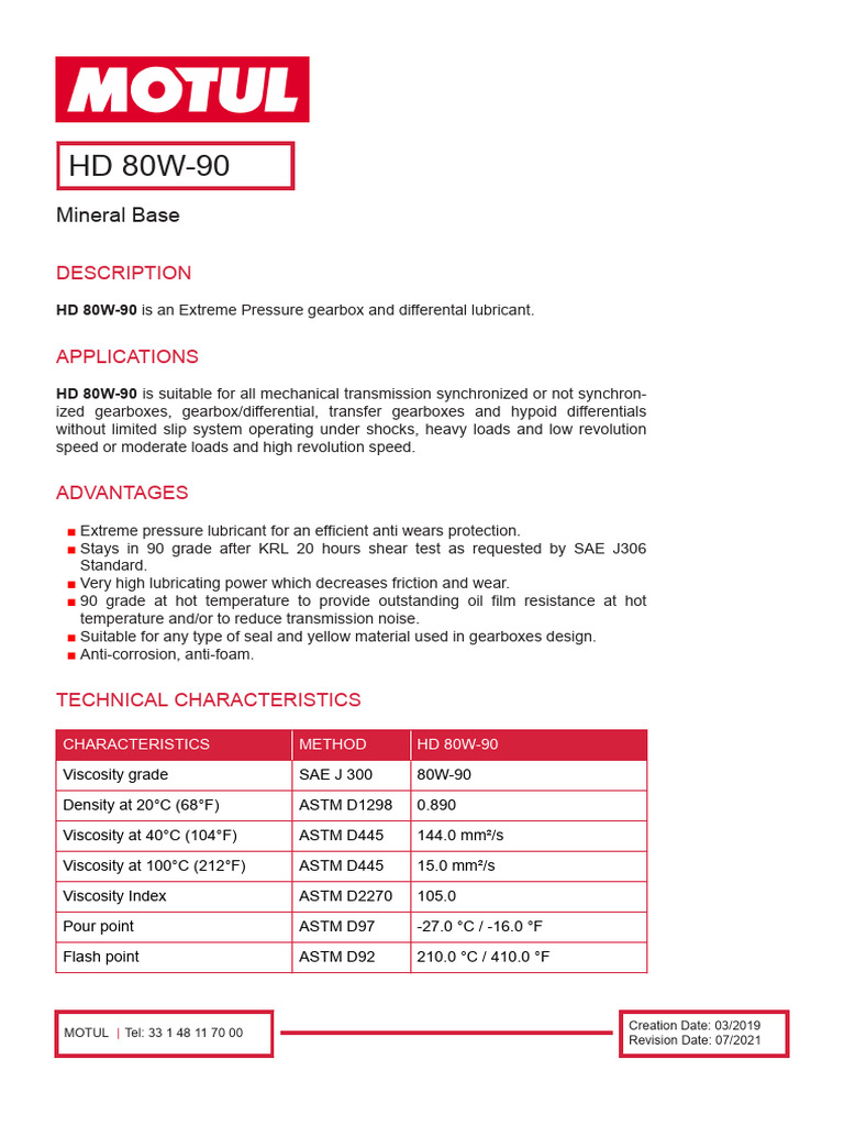 Motul HD 80W-90 Gearbox Lubricant | PDF | Lubricant | Viscosity