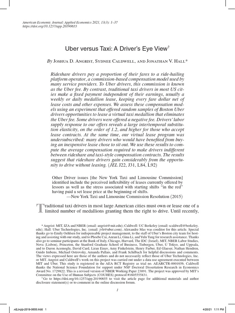Uber vs Taxi: Driver Compensation Study | PDF | Labour Economics | Utility