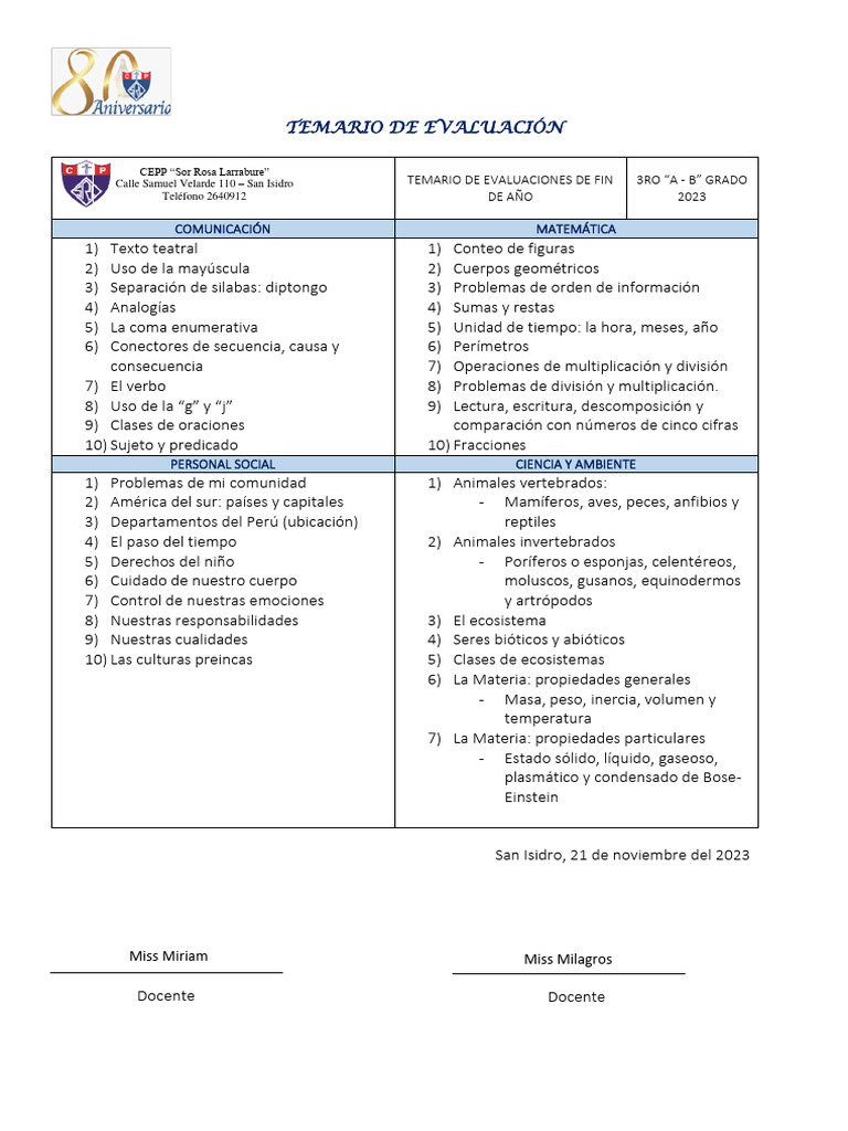 Temario Academico - 3ero - Prim - SRL | PDF | Zoología