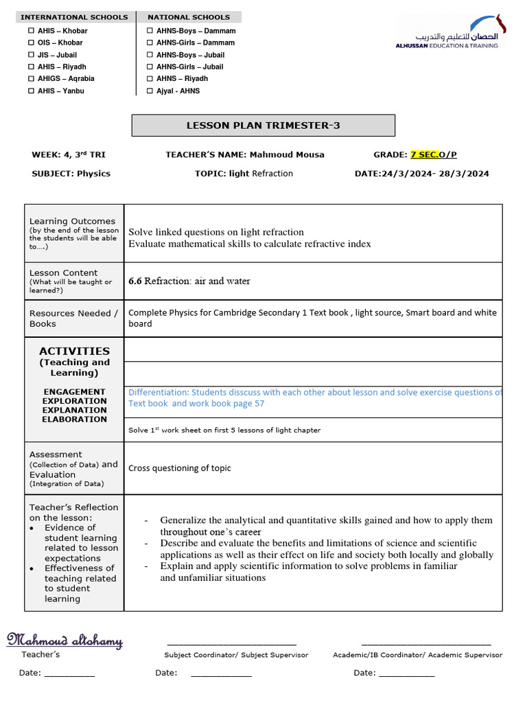 Grade 7 Physics Lesson Plan: Refraction | PDF | Teachers | Science