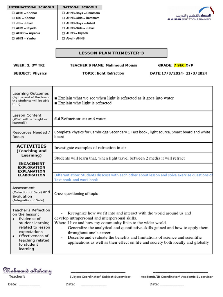Grade 7 Physics Lesson Plan: Refraction | PDF | Teachers | Lesson Plan