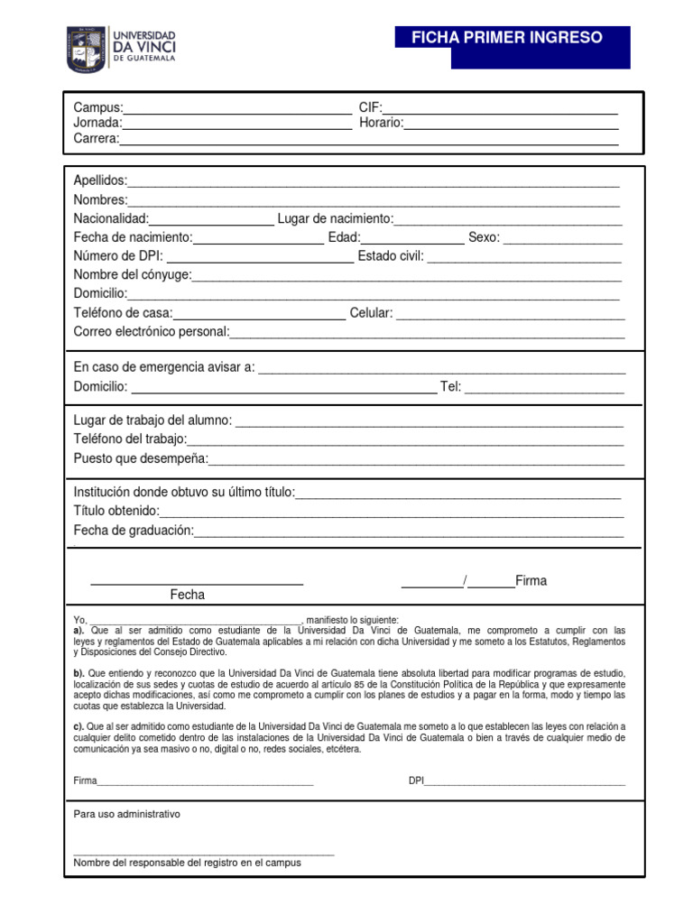 Ficha de Inscripcion PRIMER INGRESO | PDF | Guatemala | Gobierno