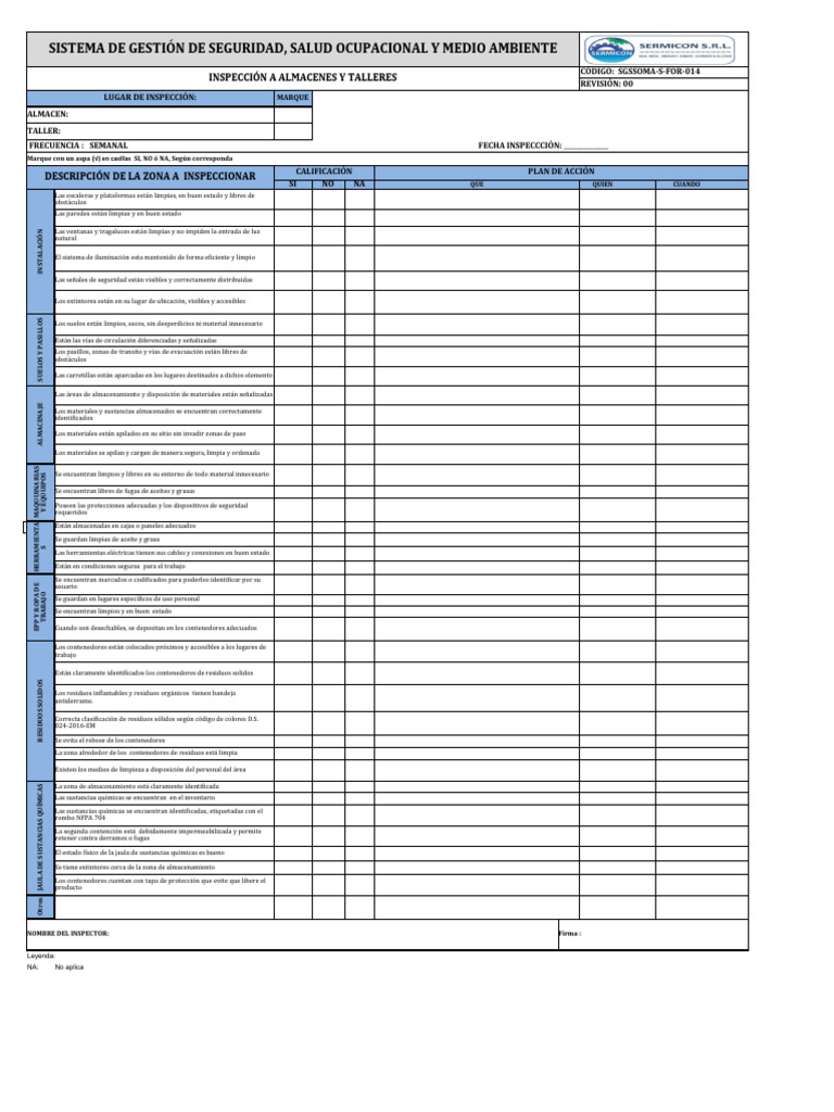 SGSSOMA-S-FOR-014 Rev 0 Insp. Almac y Talle. | PDF