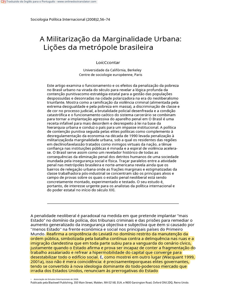 Tradução 2008 The Militarization of Urban Marginality Lessons From The ...