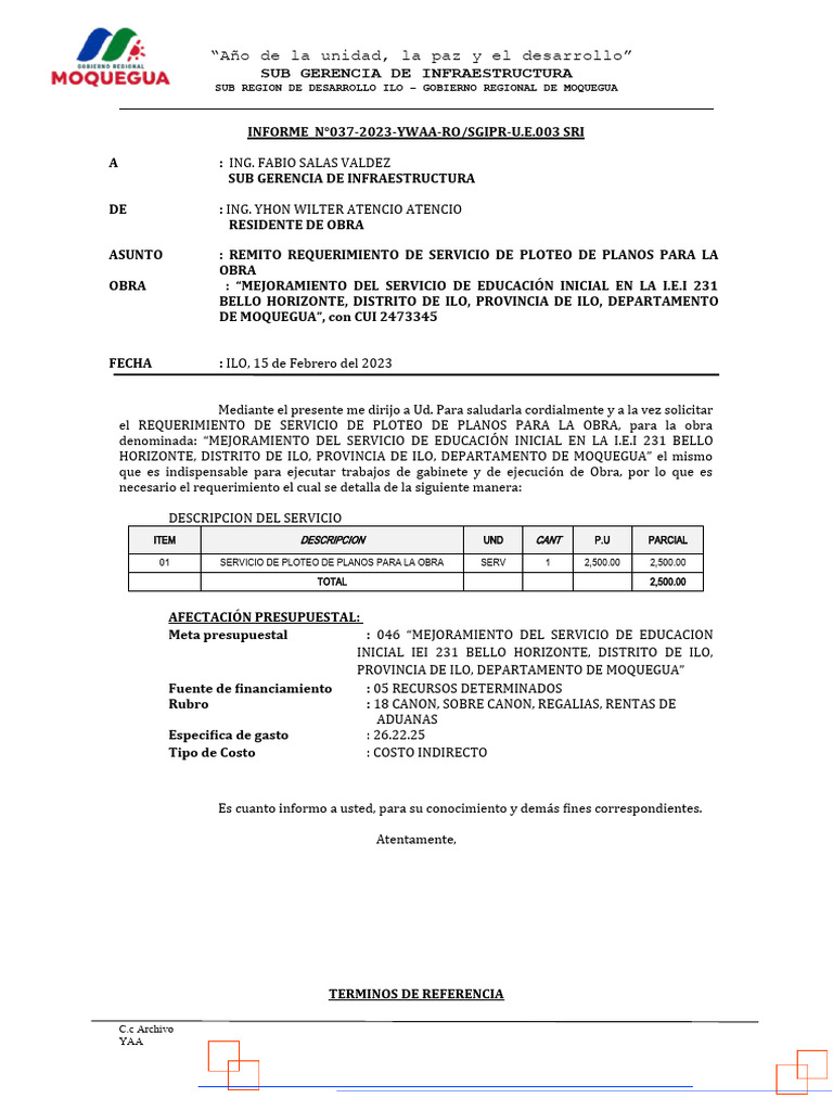 Inf N°037 Servicio Ploteo de Planos | PDF