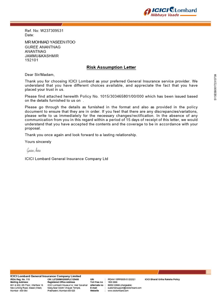 Risk Assumption Letter: MR Mohmad Yaseen Itoo | PDF | Insurance ...