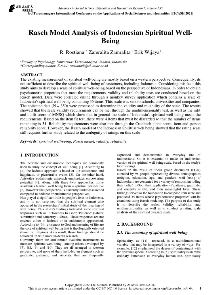 Rasch Model Analysis of Indonesian Spiritual Well-Being: R. Rostiana ...