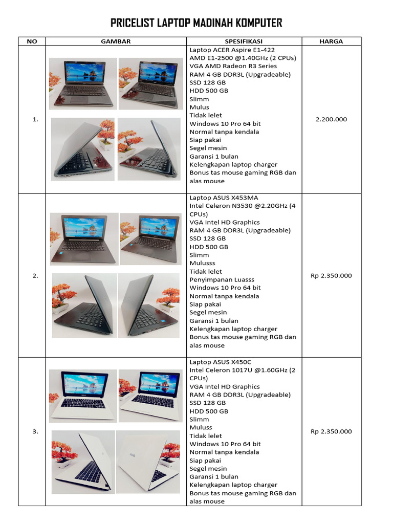 Contoh Pricelist Harga Laptop | PDF | Komputer